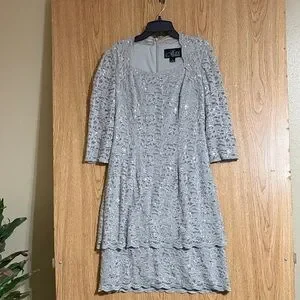 Alex Evenings | Dresses | Alex Evenings Silver Lace 34 Sleeve Dress ...